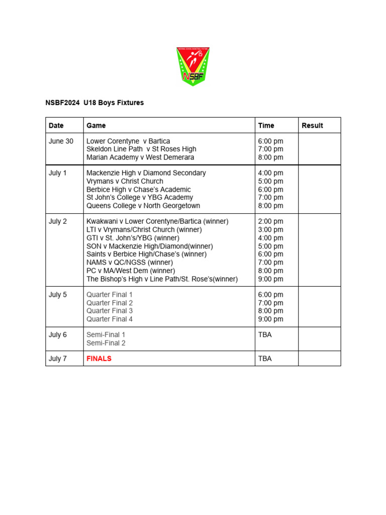 NSBF U18 Boys Fixtures | PDF