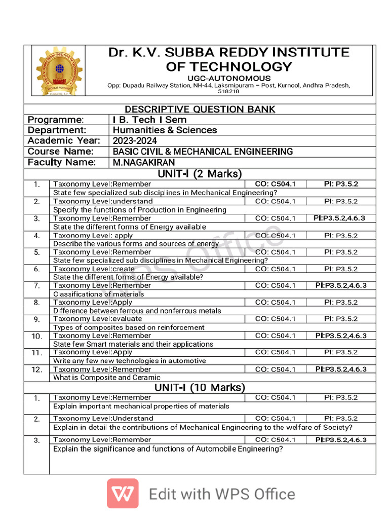 Mech Question Bank | PDF