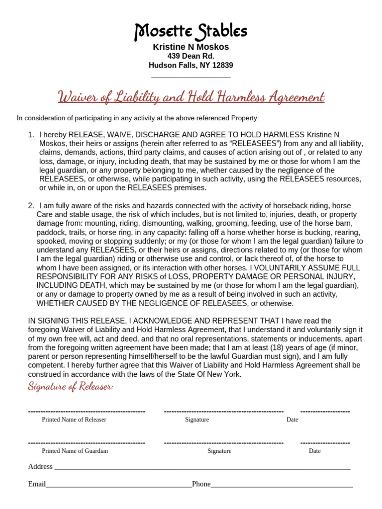 Mosette Farm Equine Liability Waiver | PDF
