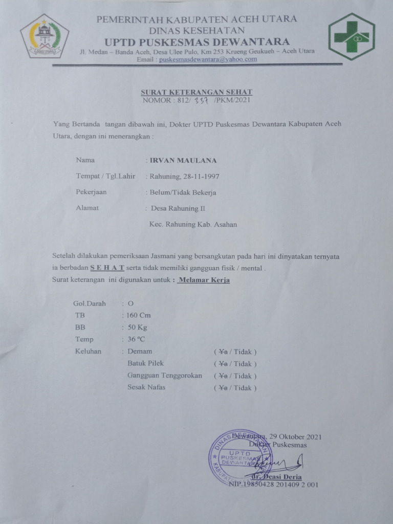 Surat Keterangan Sehat - Irvan Maulana | PDF