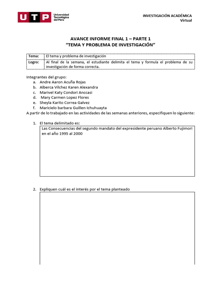 Semana 03-Formato - Avance de Informe Final 1 - Parte 1 - Tema y Problema de Investigación (1 ...