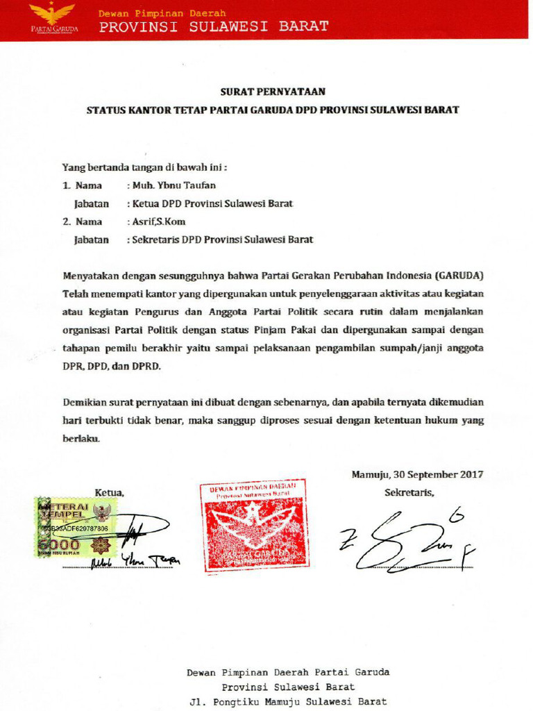 Surat Pernyataan DPD Garuda | PDF
