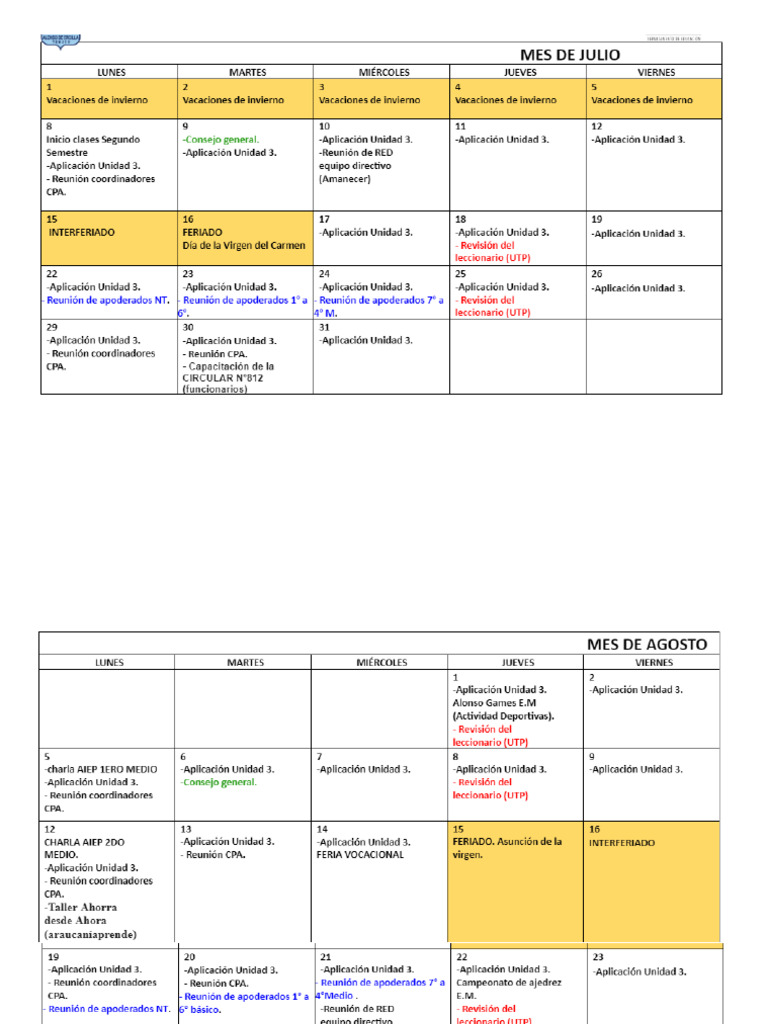 Calendario 2do Semestre | PDF
