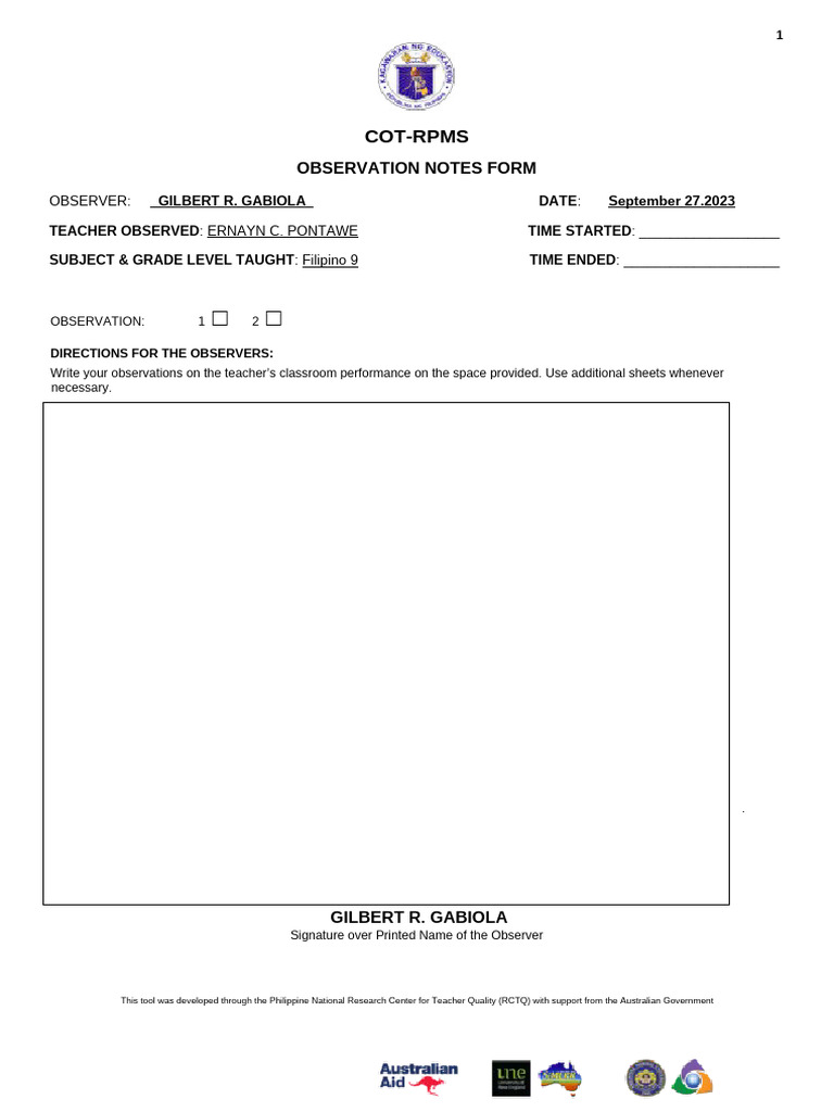 Teacher Observation Notes for Filipino 9 | PDF