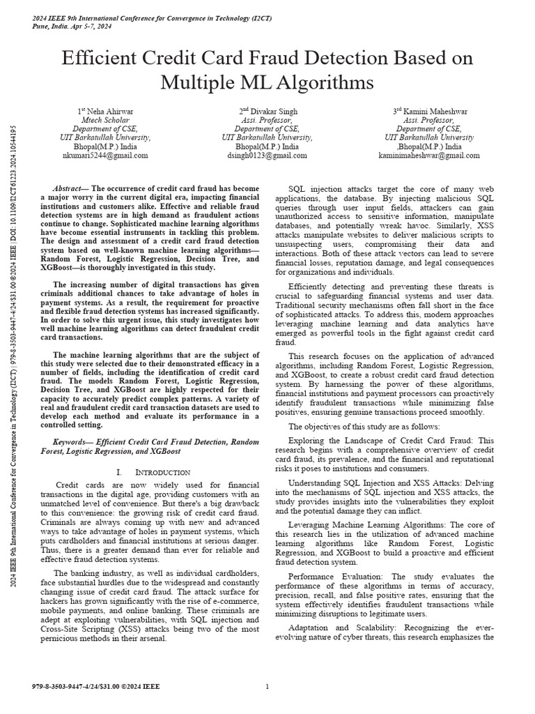 Efficient Credit Card Fraud Detection Based On Multiple ML Algorithms | PDF