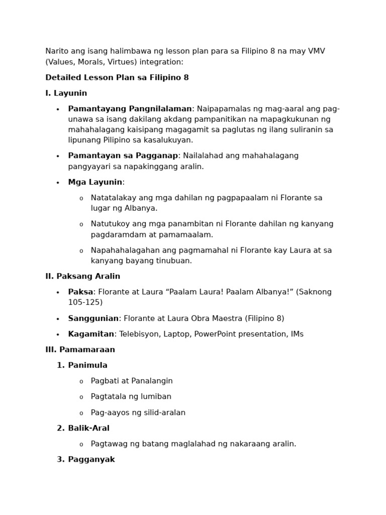 Narito Ang Isang Halimbawa NG Lesson Plan para Sa Filipino 8 Na May VMV ...