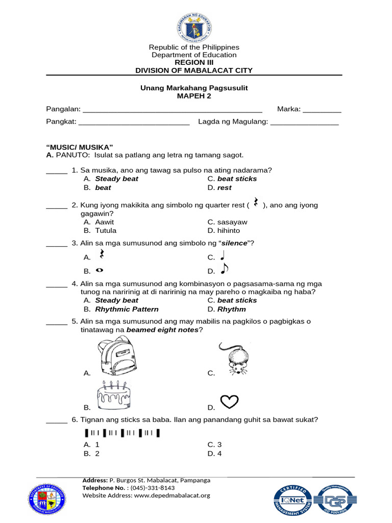 Grade 2 1st Periodic TEST in Mapeh 2023 24 | PDF | Multiple Choice