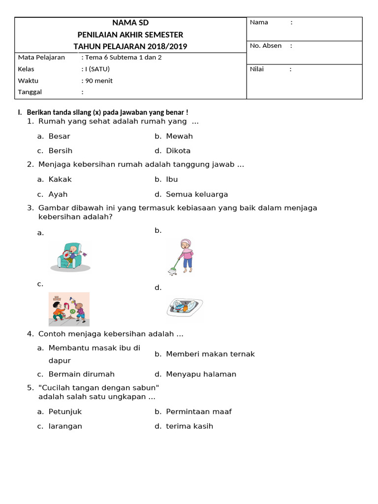 SOAL PTS KELAS 1 Tema 6 Subtema 1 Dan 2 | PDF