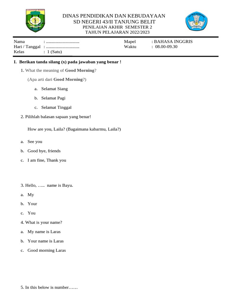 Soal B.inggris KLS 1 | PDF