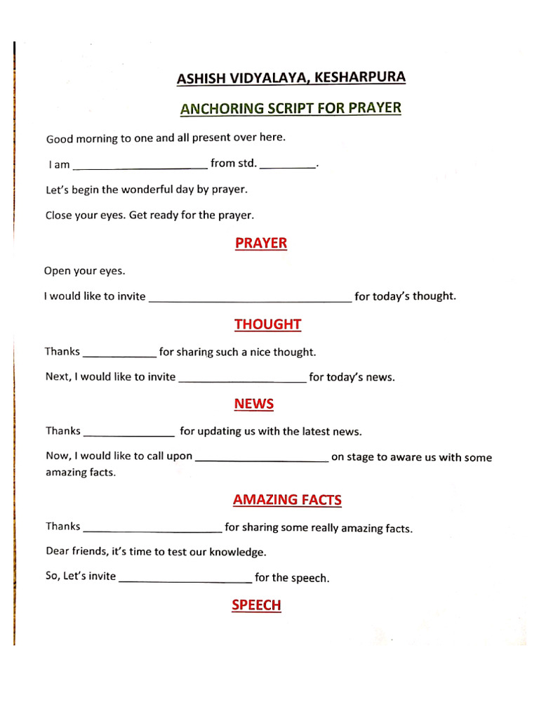Prayer - Anchoring Script, Ashish Vidyalaya | PDF