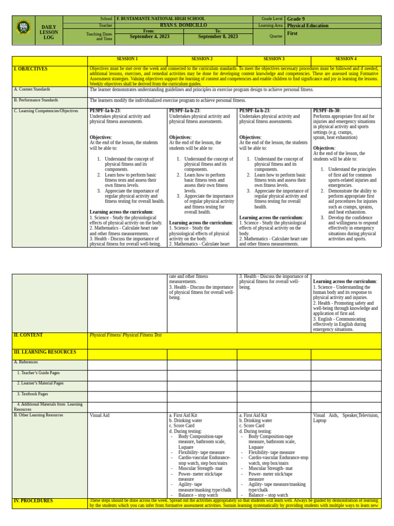 Grade 9 - Sep 4 - Sep 8 - PE - 1st Quarter | PDF