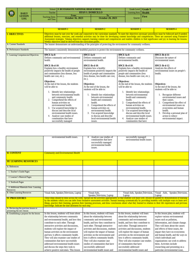 Grade 9_Oct 16 - Oct 20_Health_1st Quarter | PDF