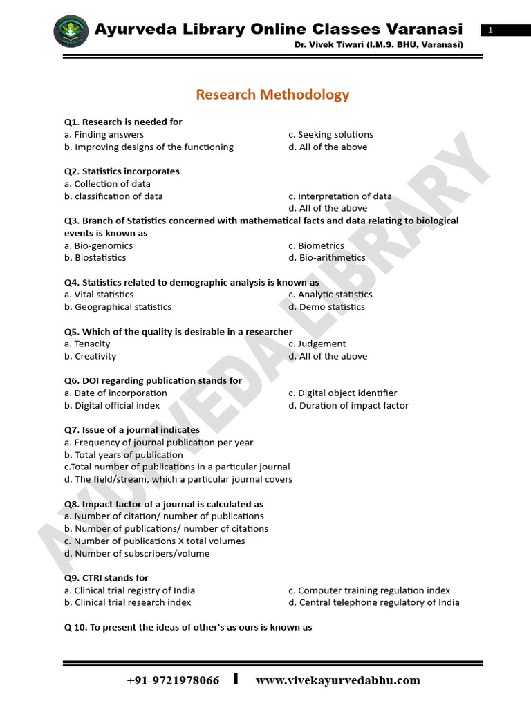 Ayurveda Research Methodology Quiz | PDF | Statistics | Science ...