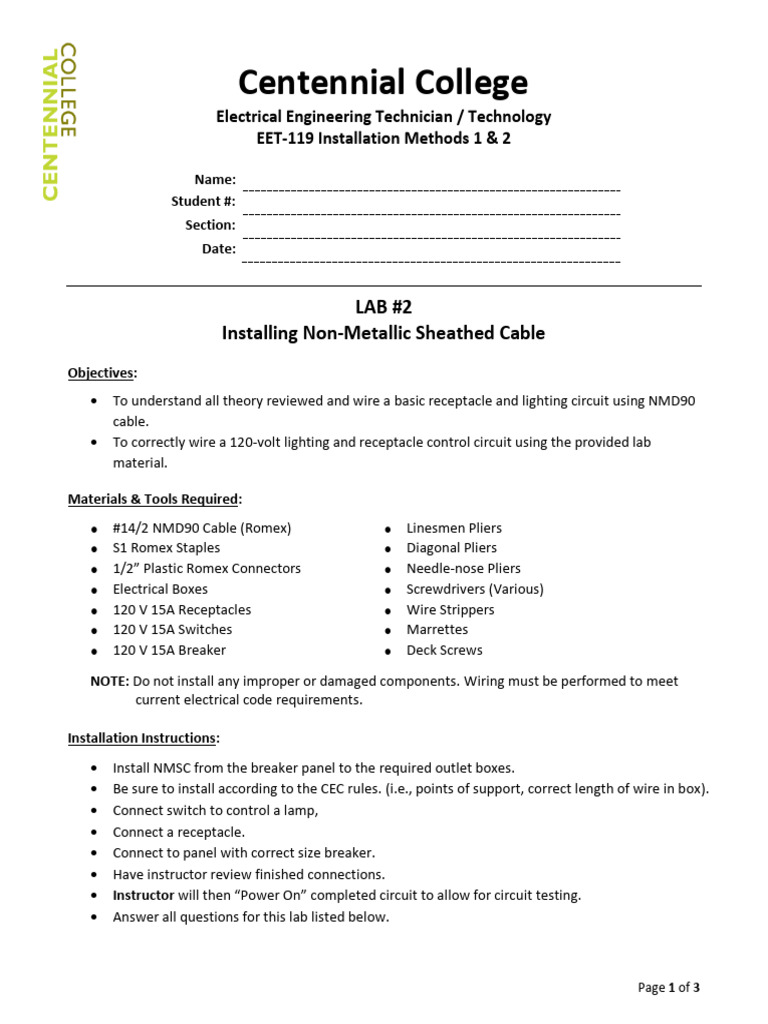 EET-119 Lab 2 - Non-Metallic Sheathed Cable | PDF