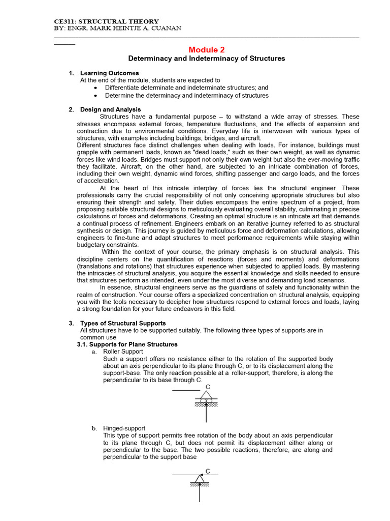 CE 311 Module 2 Determinacyandindeterminacyofstructures | PDF