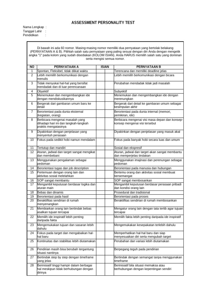 Assesstment MBTI Form | PDF