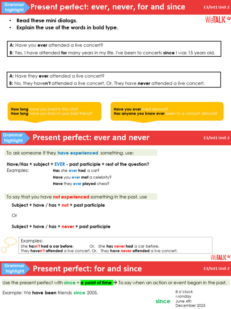 E3-Int1 U2 - Present Perfect-Ever - Never - For - Since ...