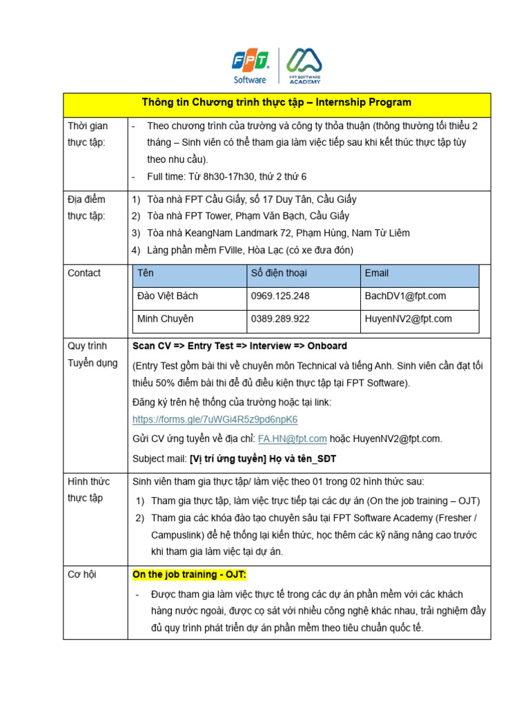 (FPT Software) Thông tin Chương trình thực tập | PDF