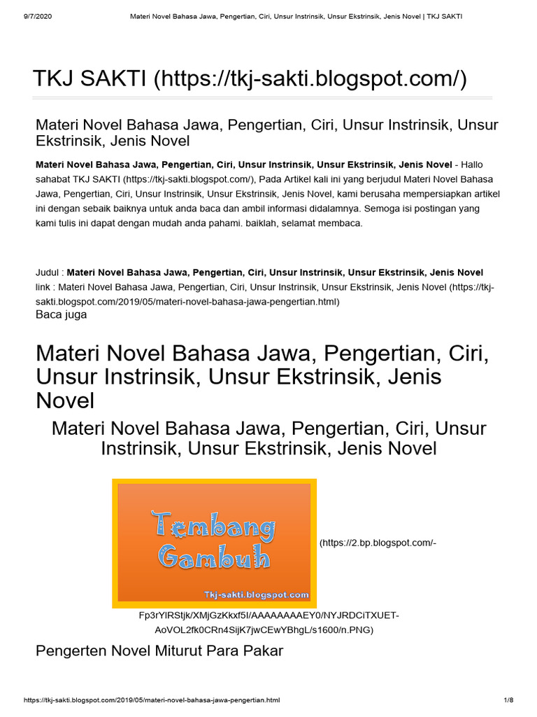 Materi Kls XI 2022 BAB 2 Novel Bahasa Jawa | PDF
