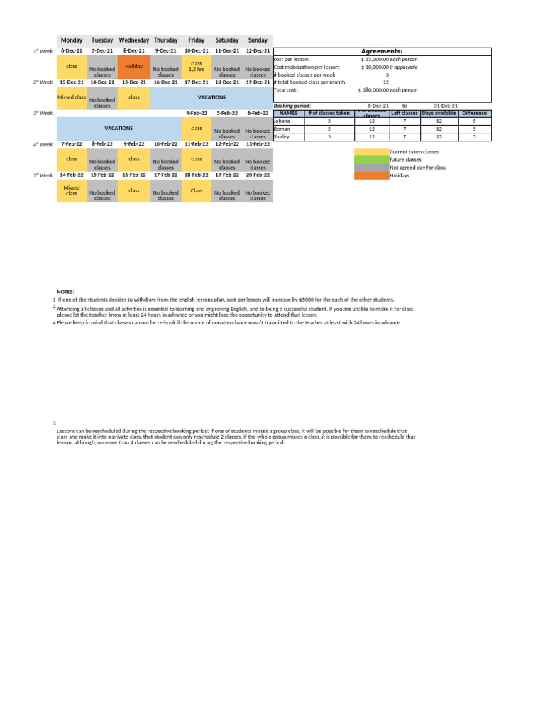 English Lessons Schedule | PDF