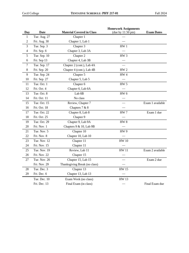 2024 Fall Tenative Schedule | PDF
