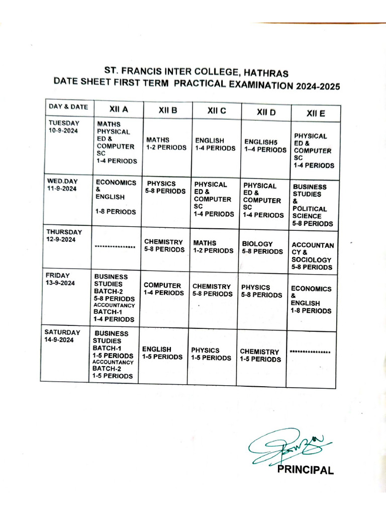 Class Xii Practical Date Sheet | PDF