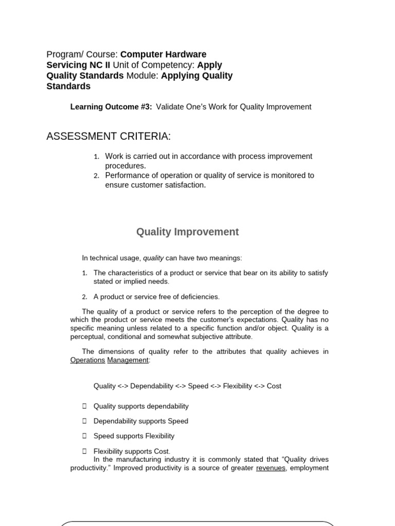 Quality Standard Lesson 3 | PDF