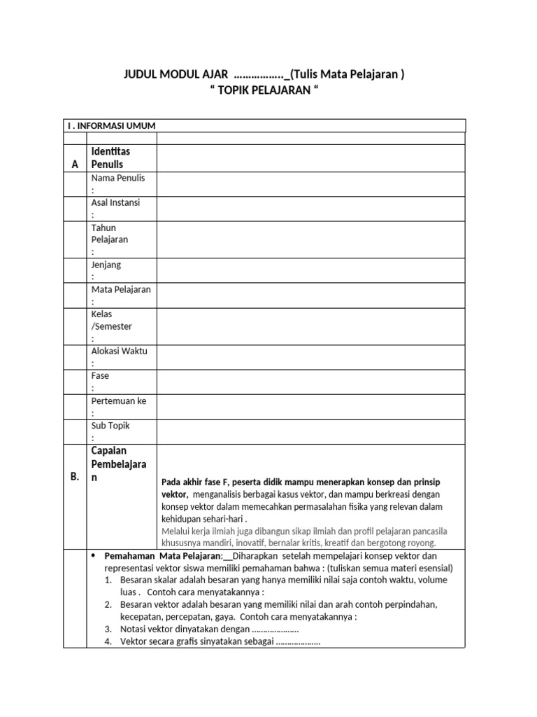 Contoh Isian Format Format Modul Ajar-Kumer | PDF