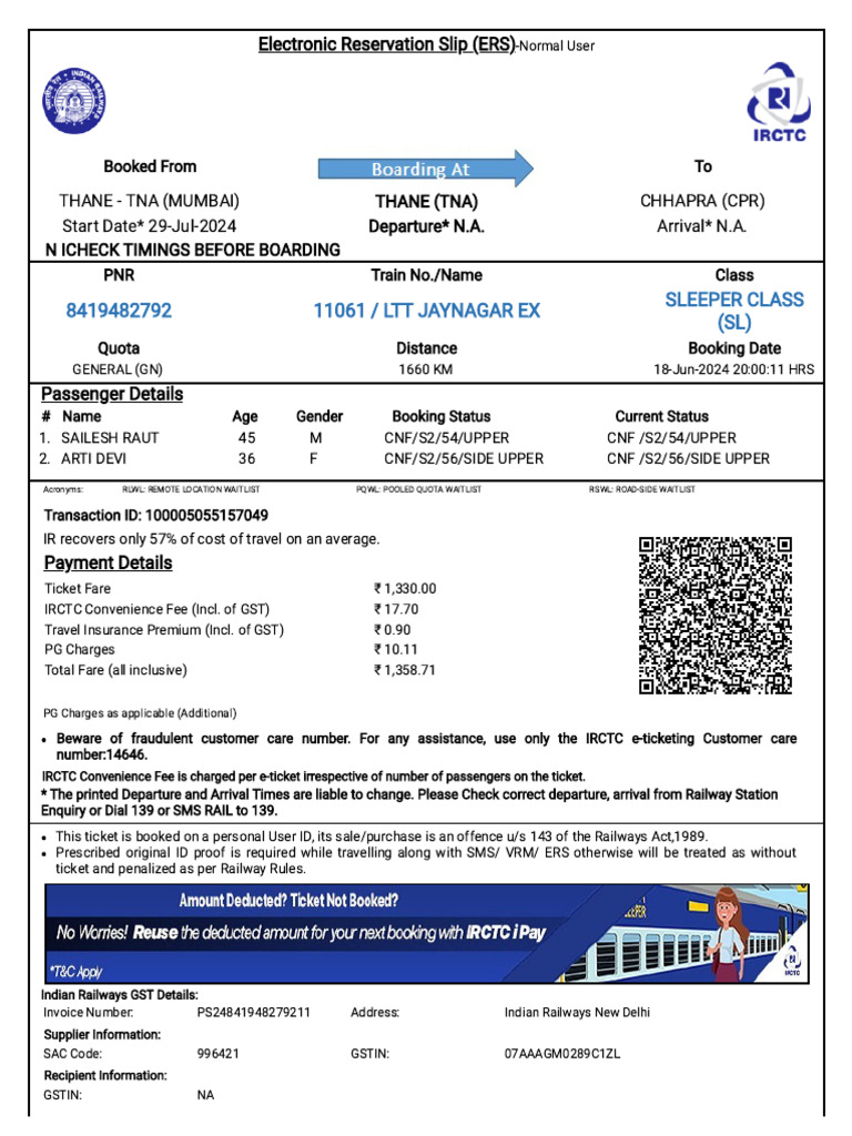 LTT Jaynagar Ex Sleeper Class (SL) : Electronic Reservation Slip (ERS) | PDF