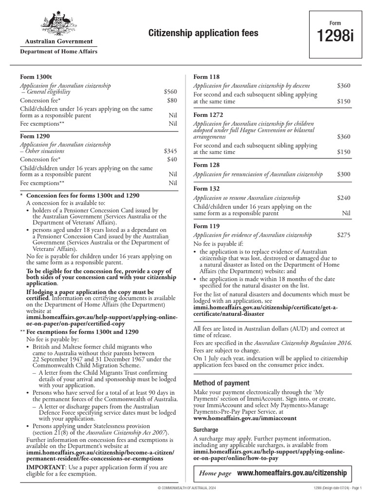Citizenship Application Fees: Department of Home Affairs | PDF