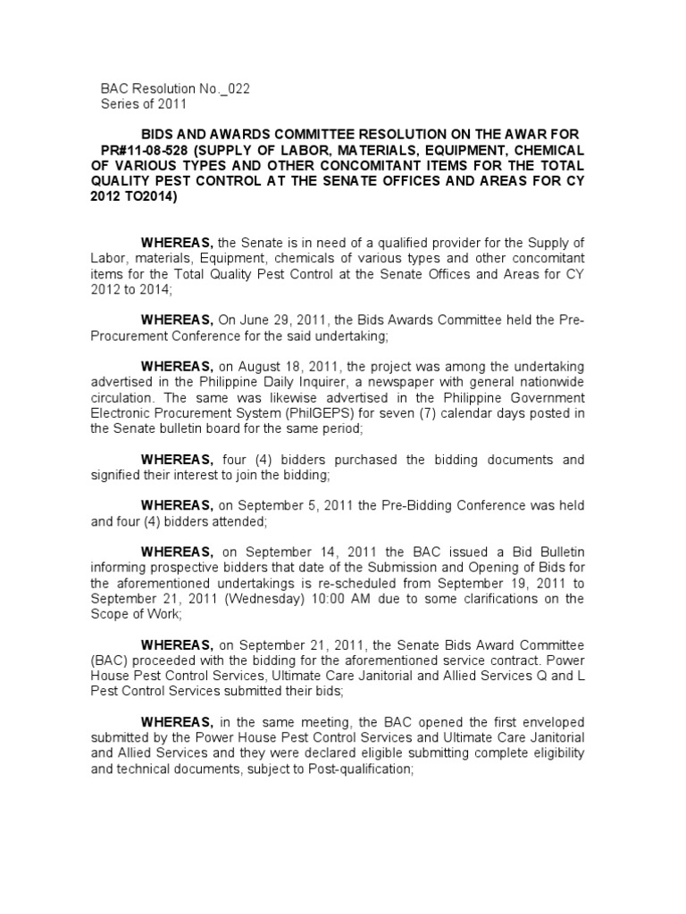 BAC Resolution: Contract Award for Pest Control | PDF | Government ...