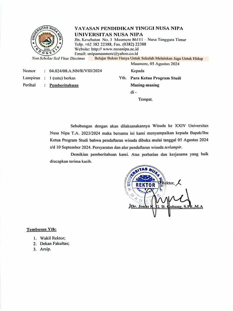 Surat Pemberitahuan Pendaftaran Wisuda | PDF