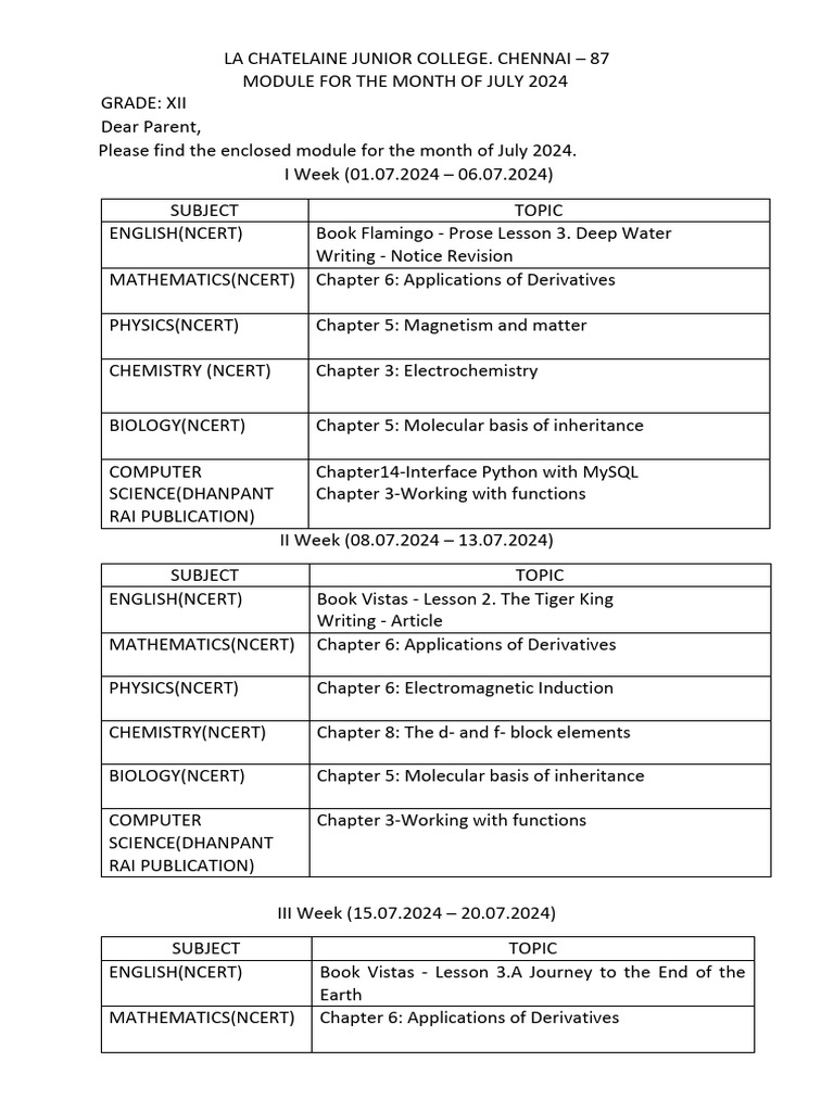 Class XII July Module | PDF