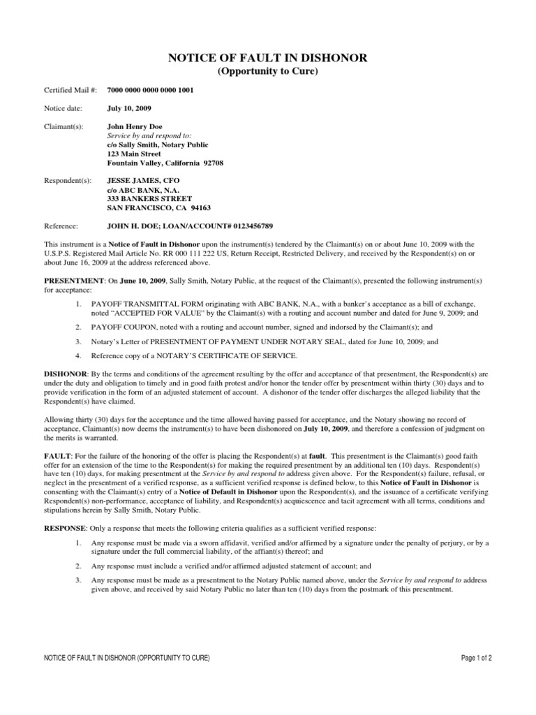 1-2-Notice of Fault in Dishonor | PDF | Affidavit | Registered Mail