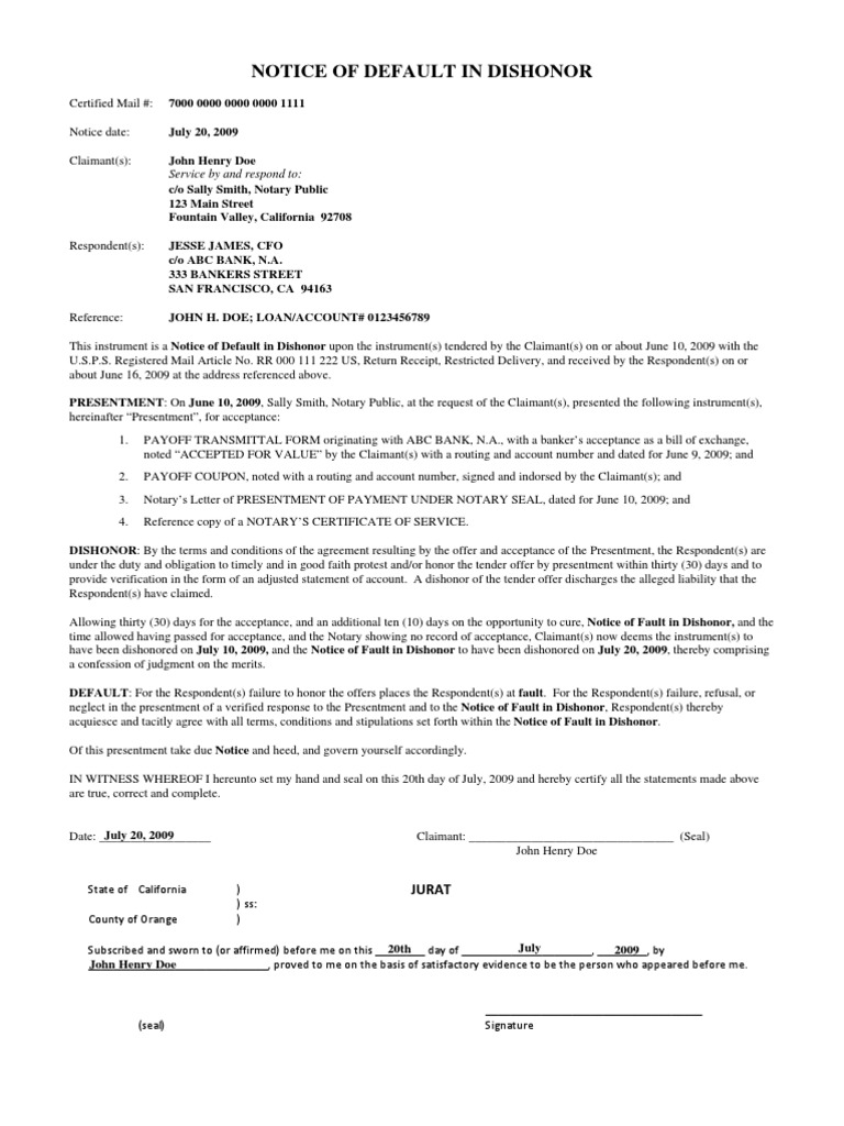 1-3-Notice of Default in Dishonor | Registered Mail | Notary Public