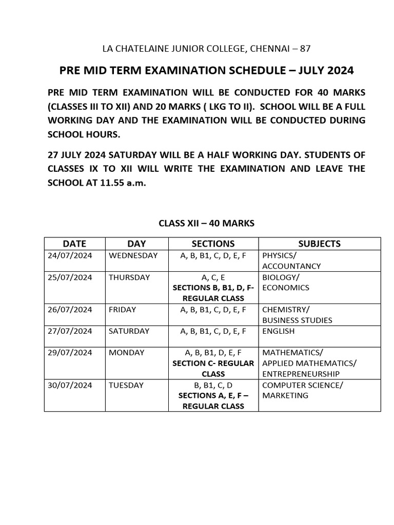 Pre Mid Term Examination Schedule | PDF