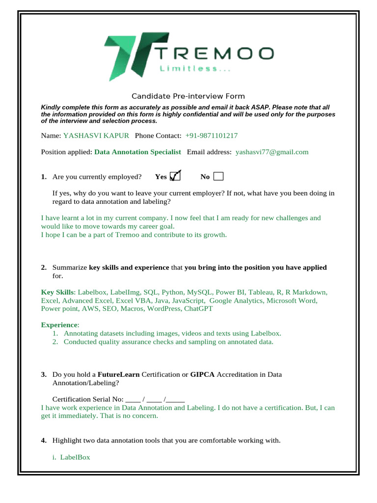 Tremoo AI - Candidate - Pre-Interview Form - 2024 | PDF