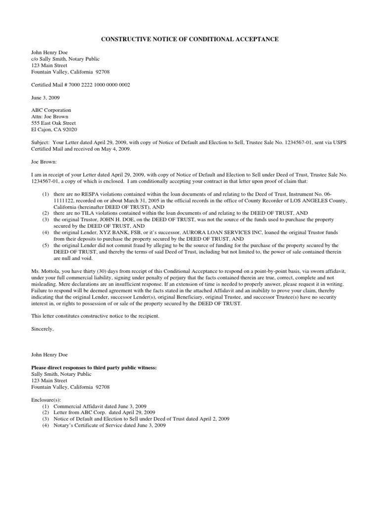 2-1-Notice of Conditional Acceptance | Affidavit | Deed Of Trust (Real ...
