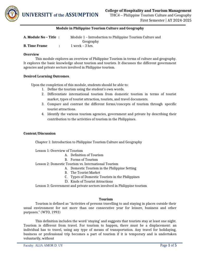 Module 1 - Introduction To Philippine Tourism Culture and Geography | PDF