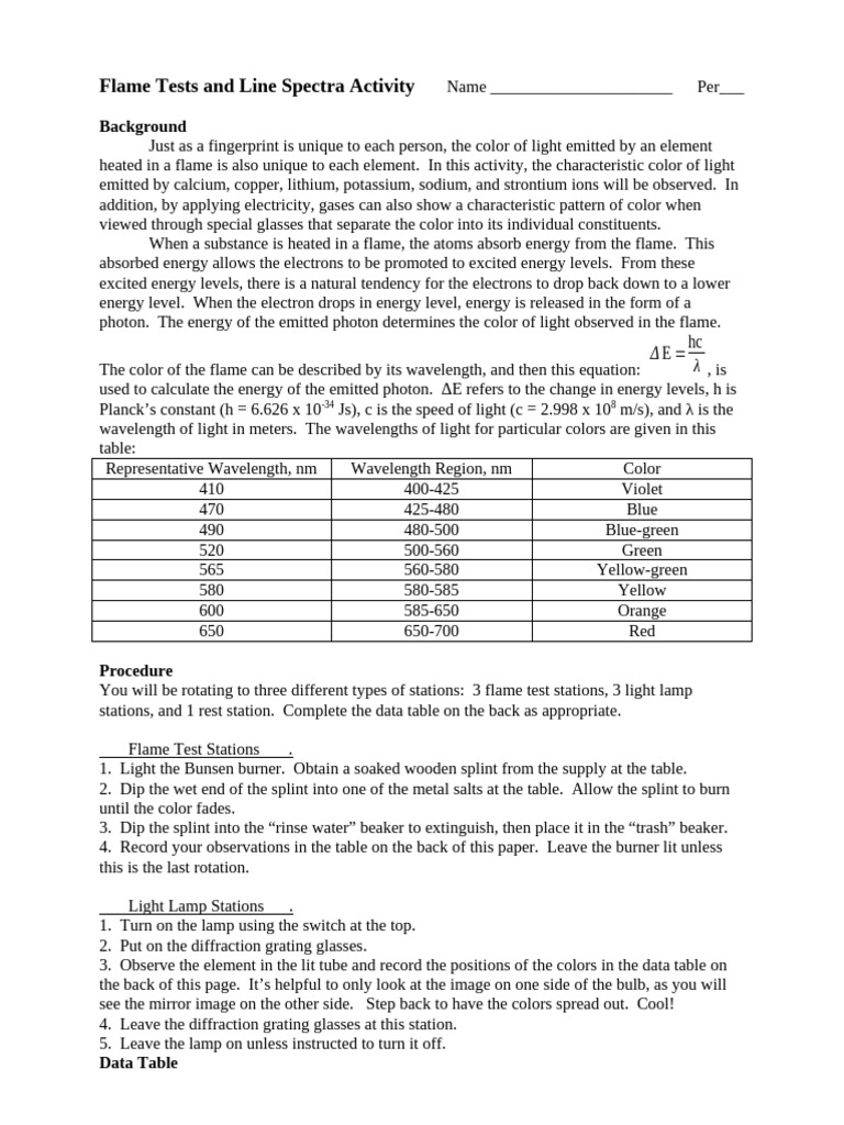 Student Flame Tests and Line Spectra Activity | PDF