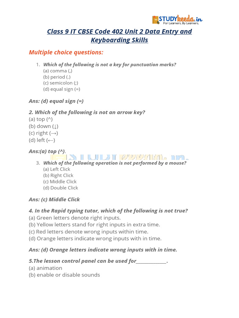 Class 9 IT CBSE Code 402 Unit 2 Data Entry and Keyboarding Skills | PDF
