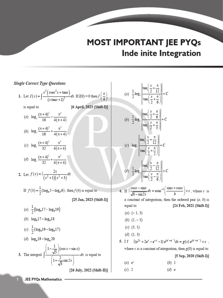 Most Important Jee Pyqs: Inde Inite Integration | PDF