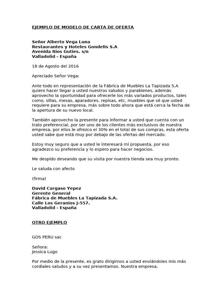 EJEMPLO DE MODELO DE CARTA DE OFERTA | PDF