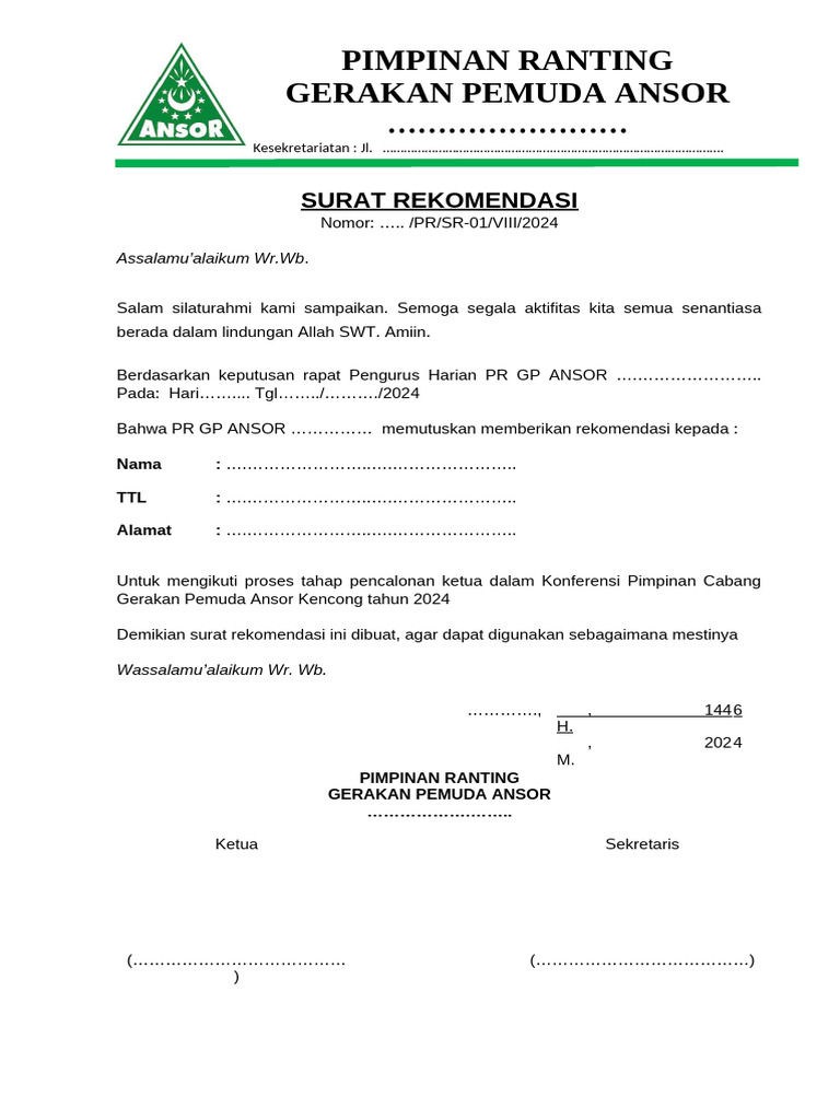 Surat Rekomendasi Ranting 2024 | PDF