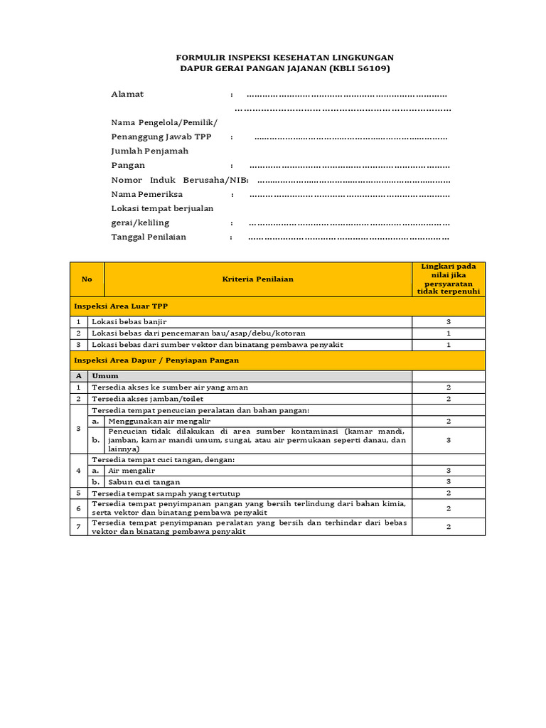 Form Ikl Dapur Gerai Pangan Jajanan | PDF