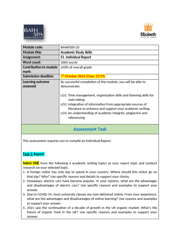 Assessment Brief - Academic Study Skills | PDF