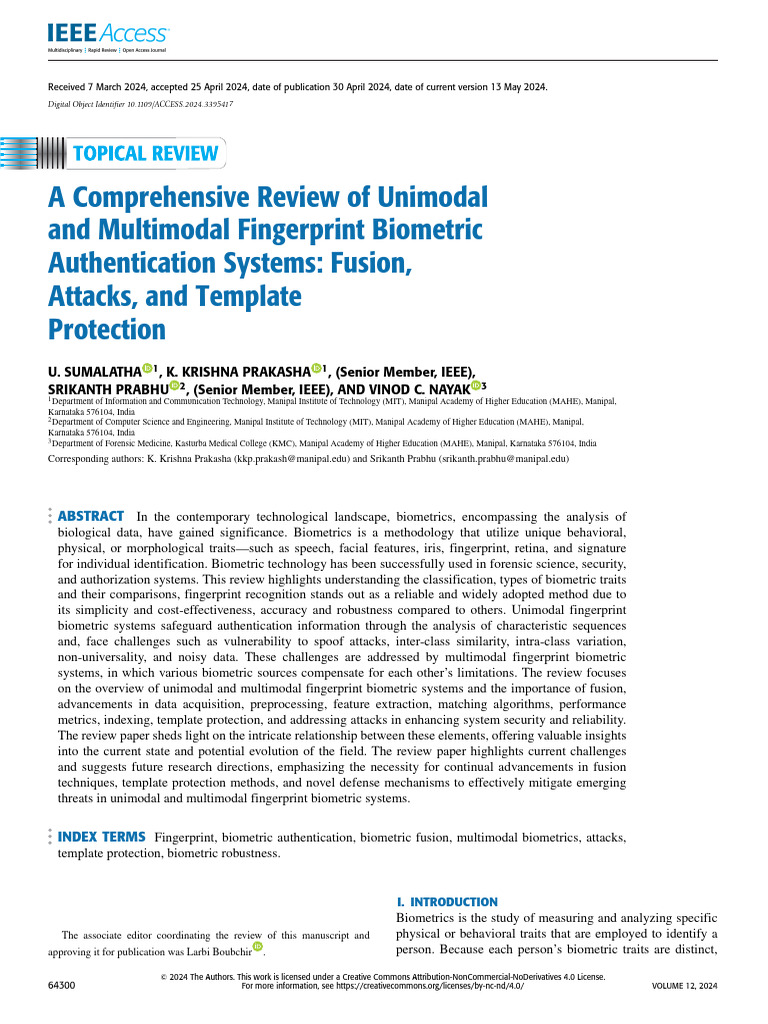 A Comprehensive Review of Unimodal and Multimodal Fingerprint Biometric Authentication Systems ...