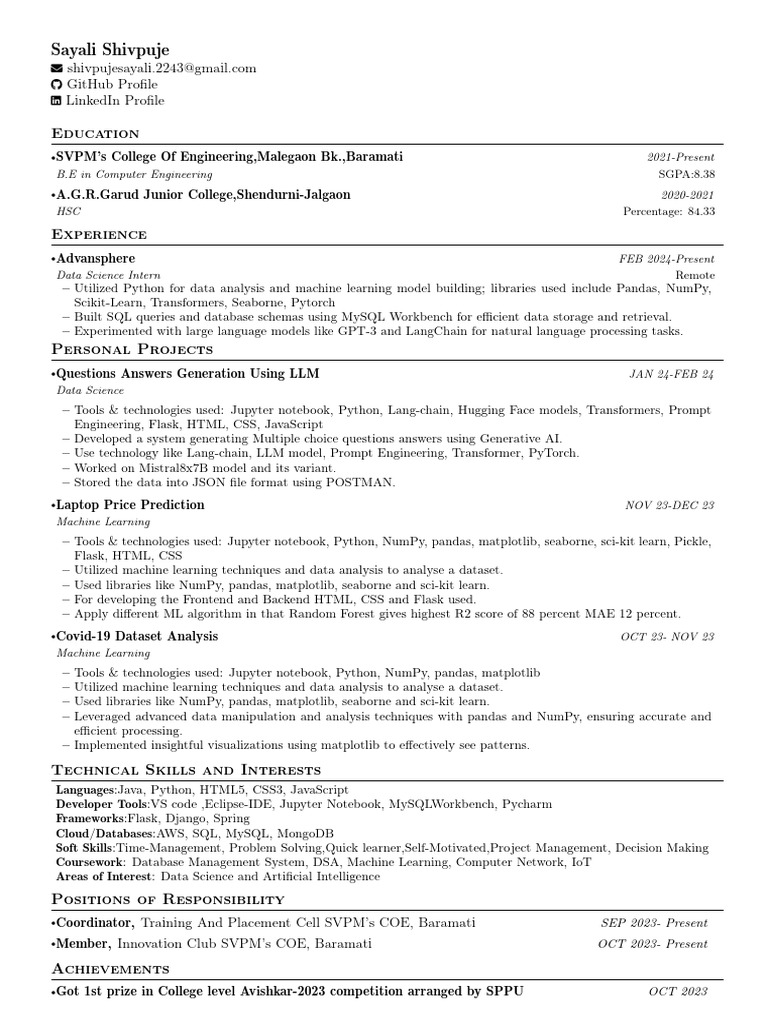 NIT Raipur Resume Template | PDF