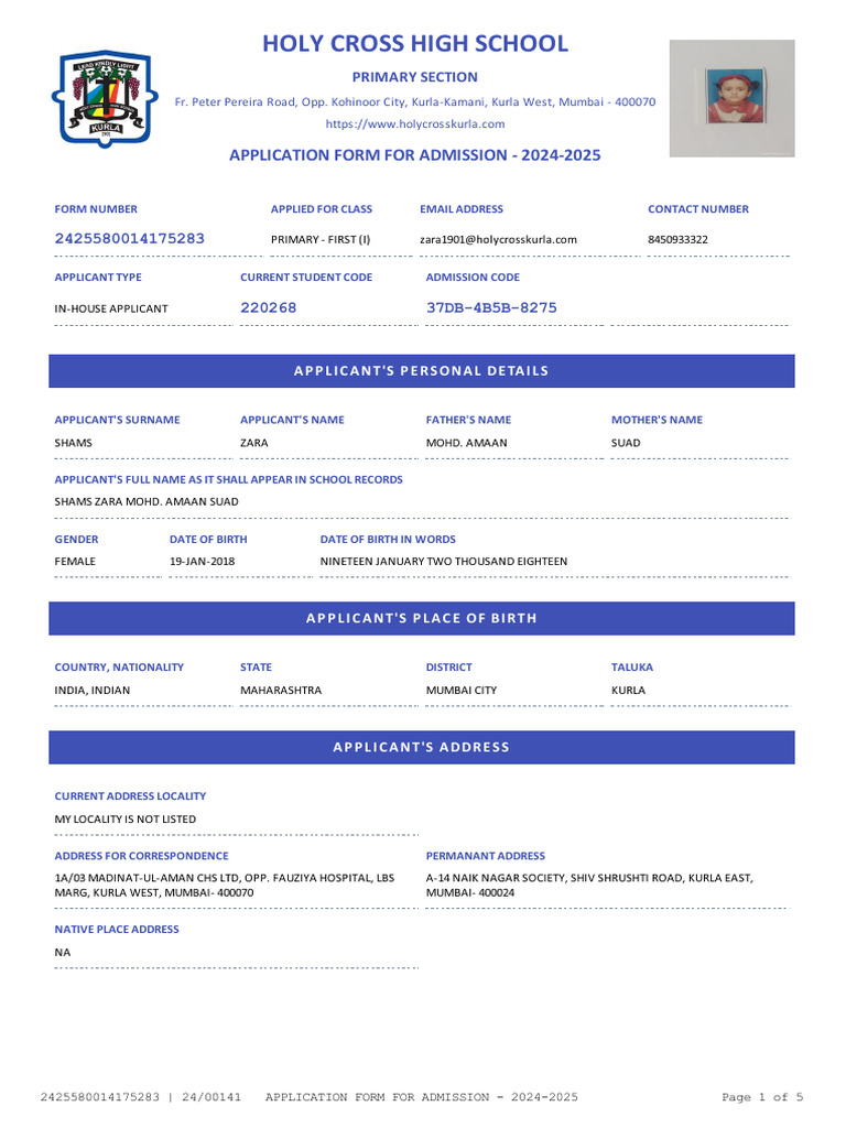 Holy Cross High School: Application Form For Admission - 2024-2025 | PDF