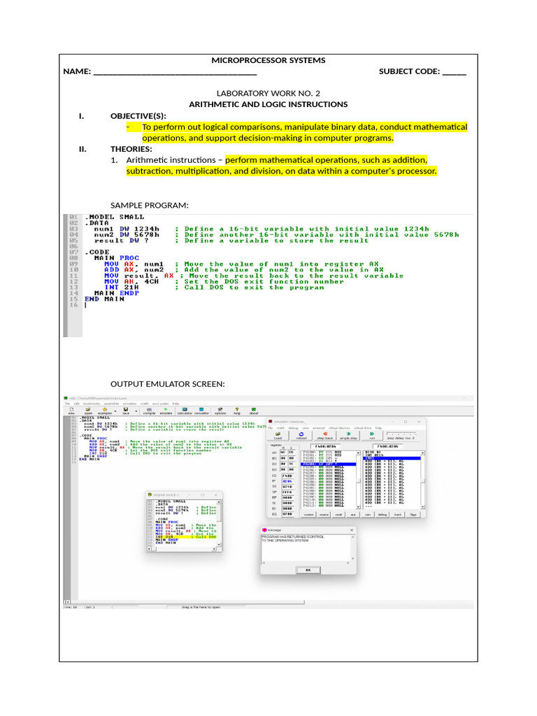 Labwork2 - Arithmetic and Logic Instructions | PDF